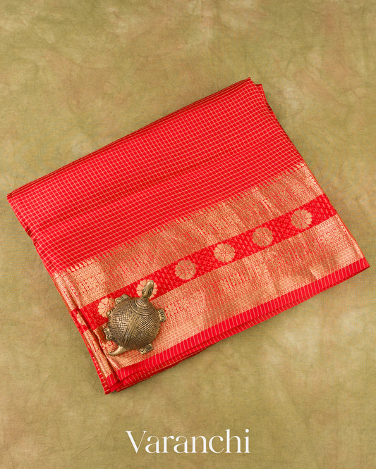 Bright Red Checks Pure Poona Silk Saree – Varanchi