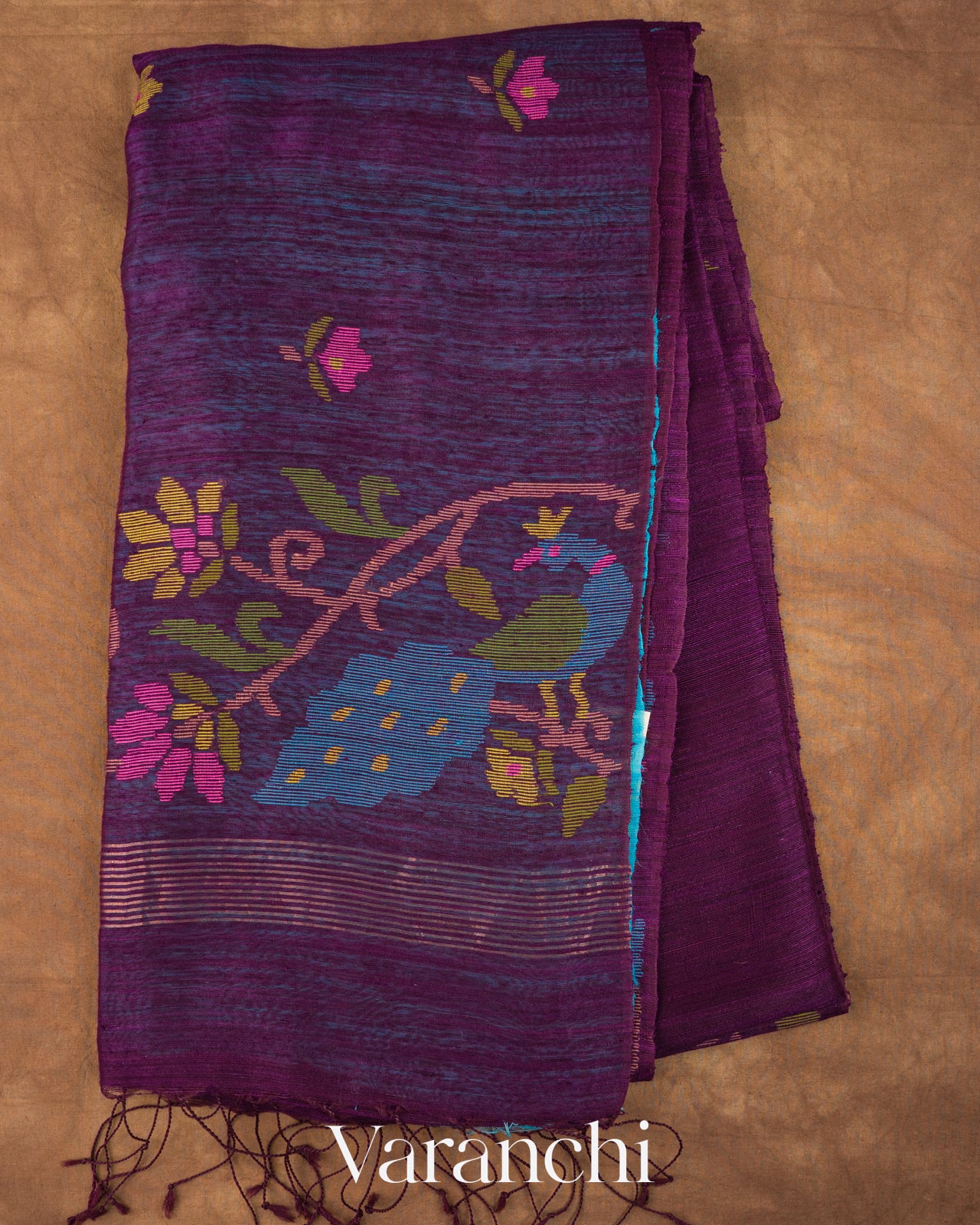 Deep Purple Jamdani Floral Pure Matka Silk Handloom Saree – Varanchi